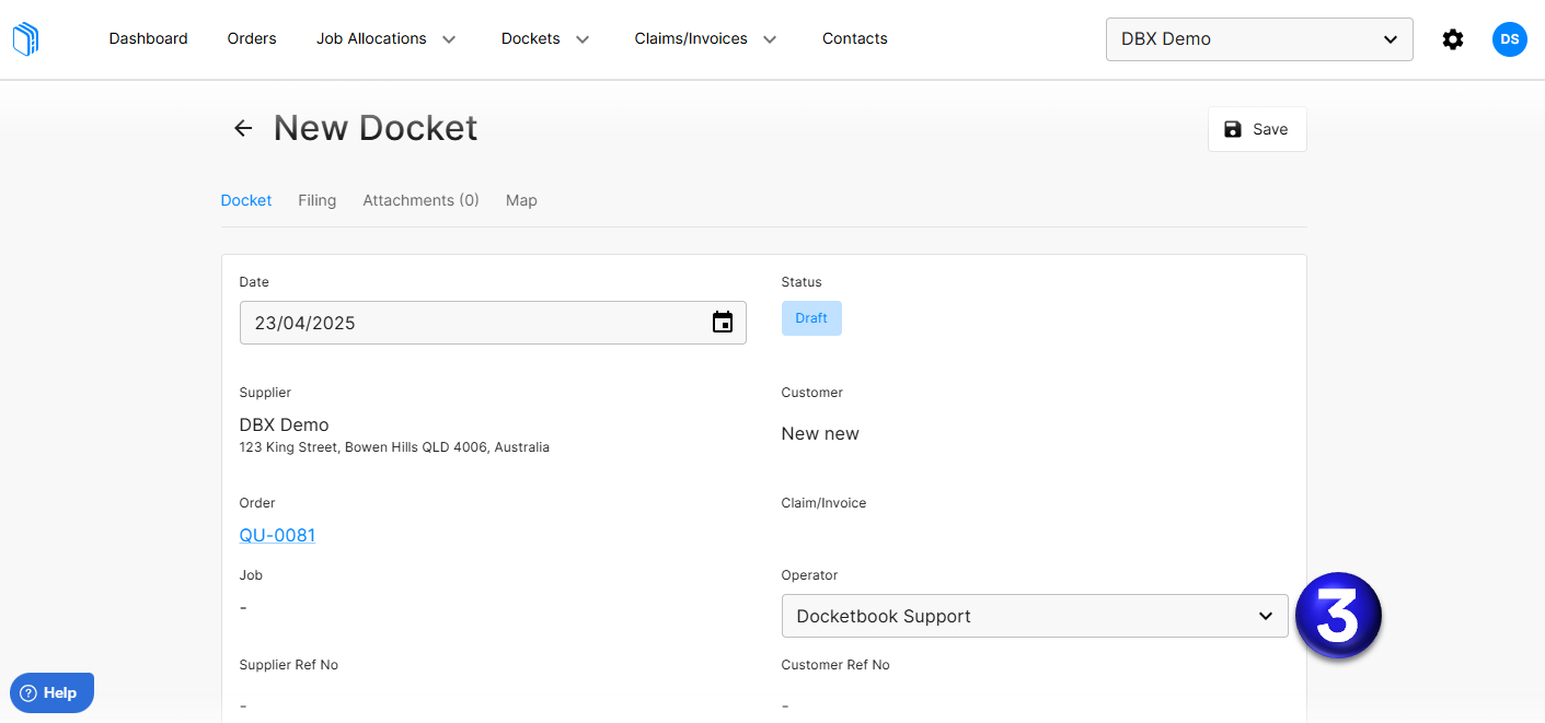 Create a Docket for a Operator from a Order - Web View