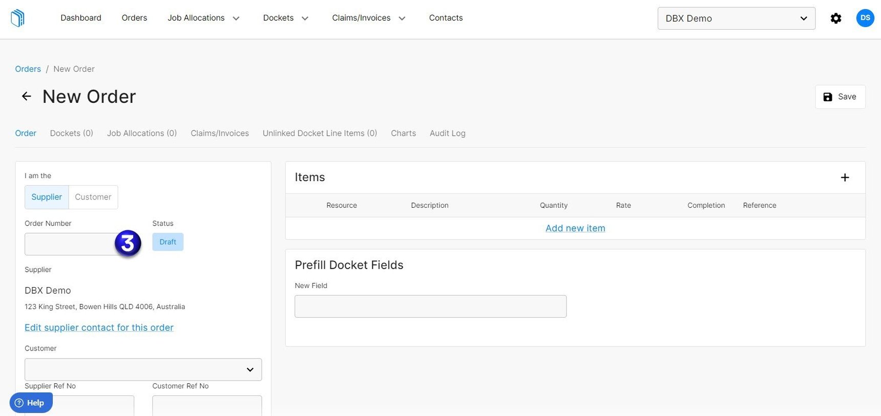 Create a New Order on Docketbook Website