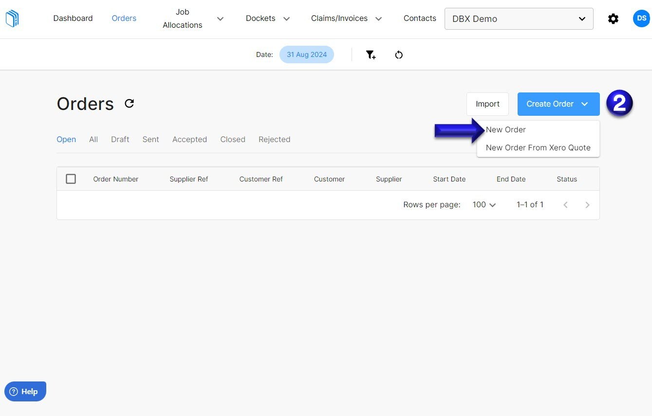 Create a New Order on Docketbook Website